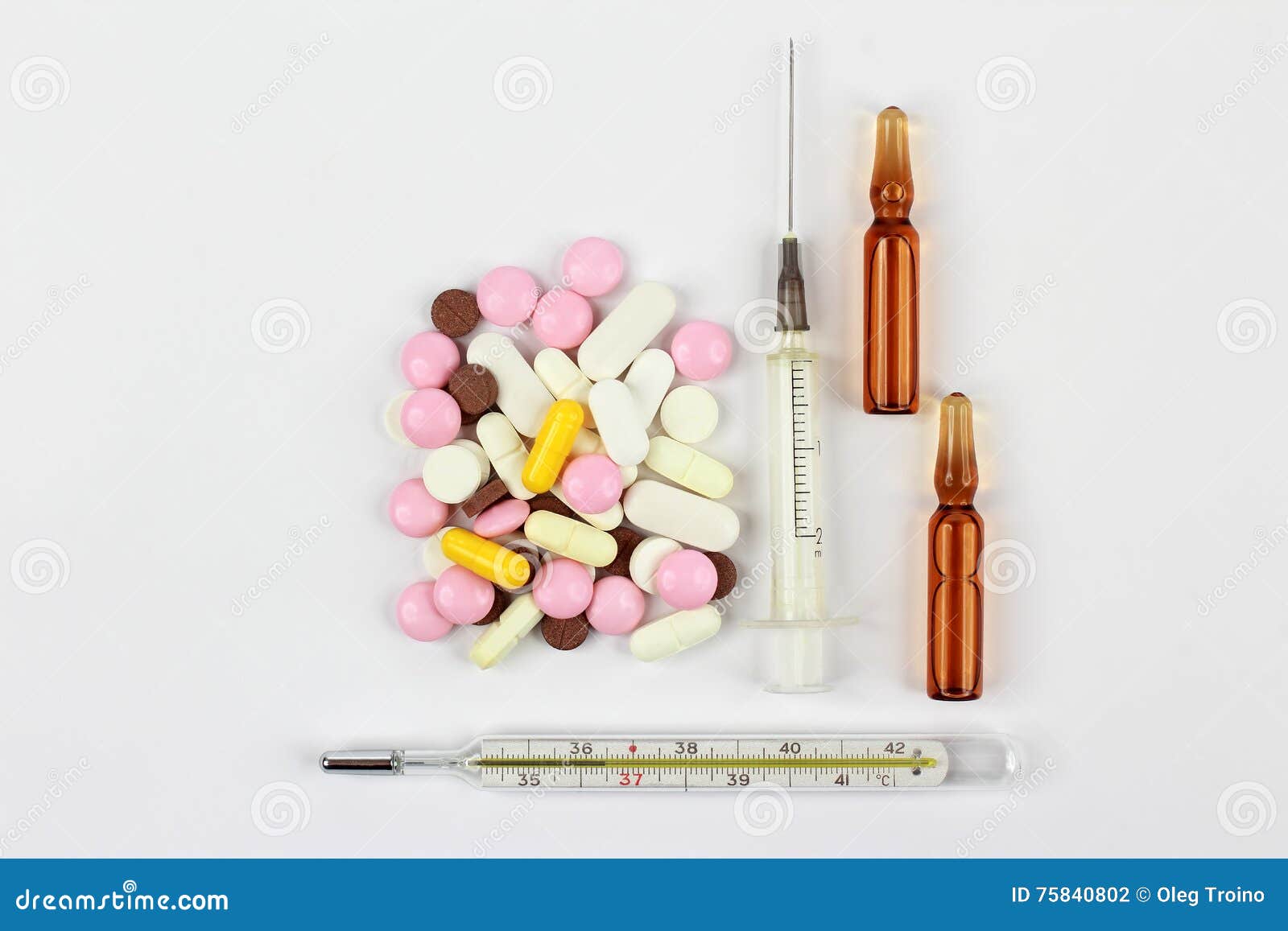 Medicinal Tablets, Ampules for Injections, Thermometer, Syringe Stock ...
