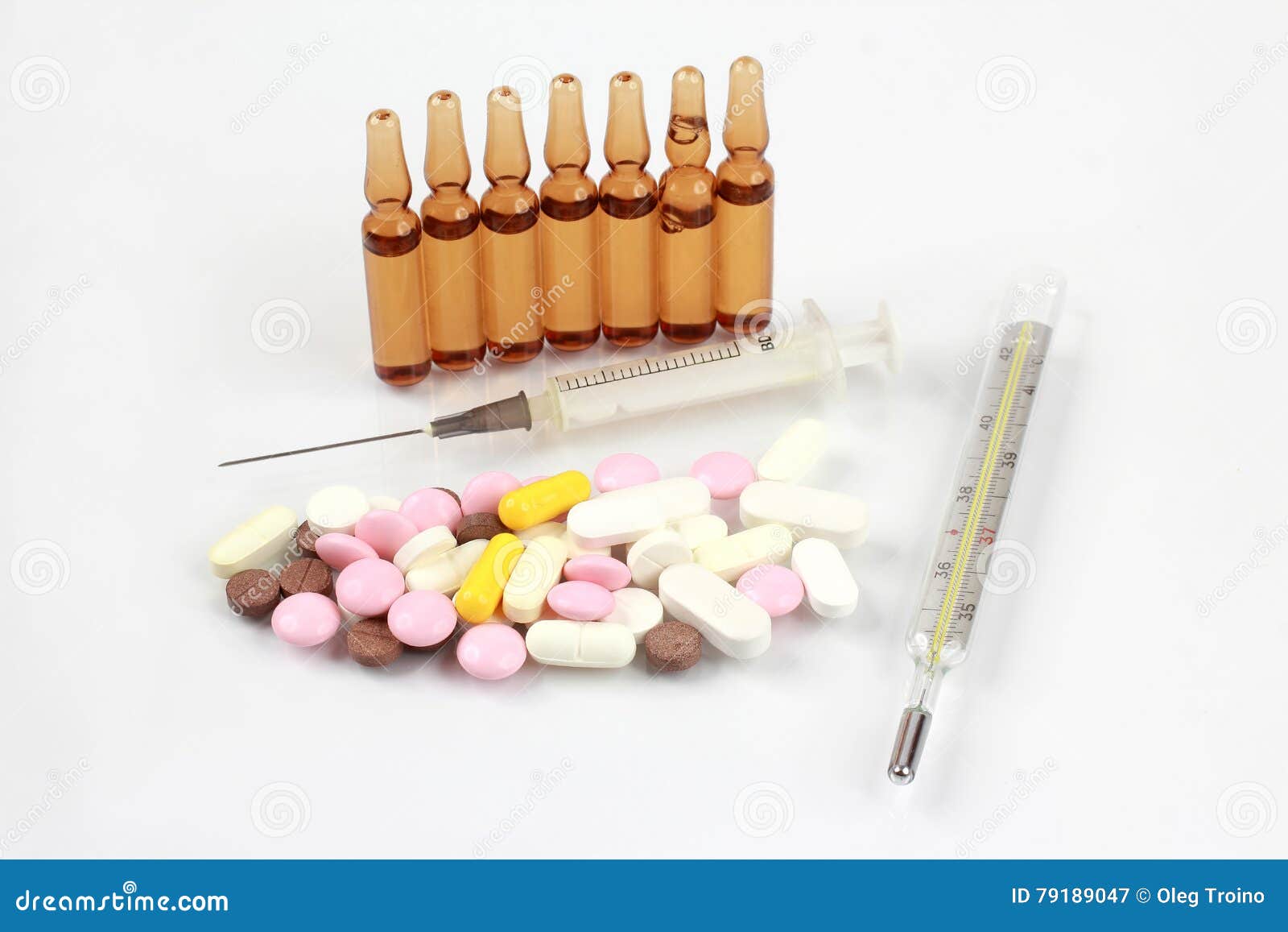 Medicinal Tablets, Ampules for Injections, Thermometer, Syringe Stock ...