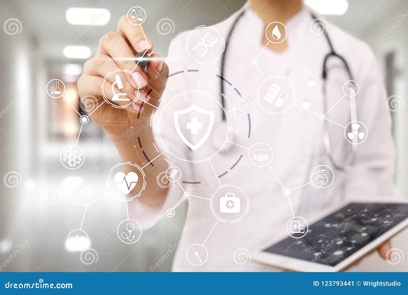 Medicine Doctor with Modern Computer, Virtual Screen Interface and Icon ...