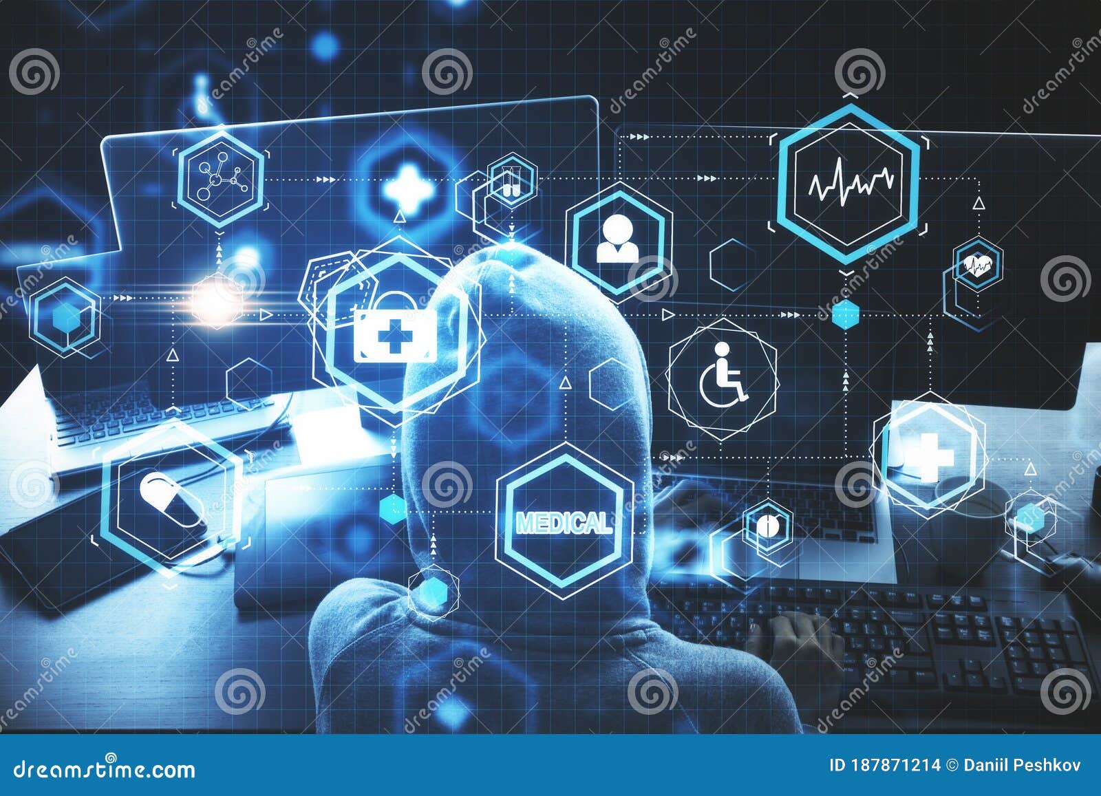 Acker Using Personal Computer with Creative Glowing Blue Medical ...