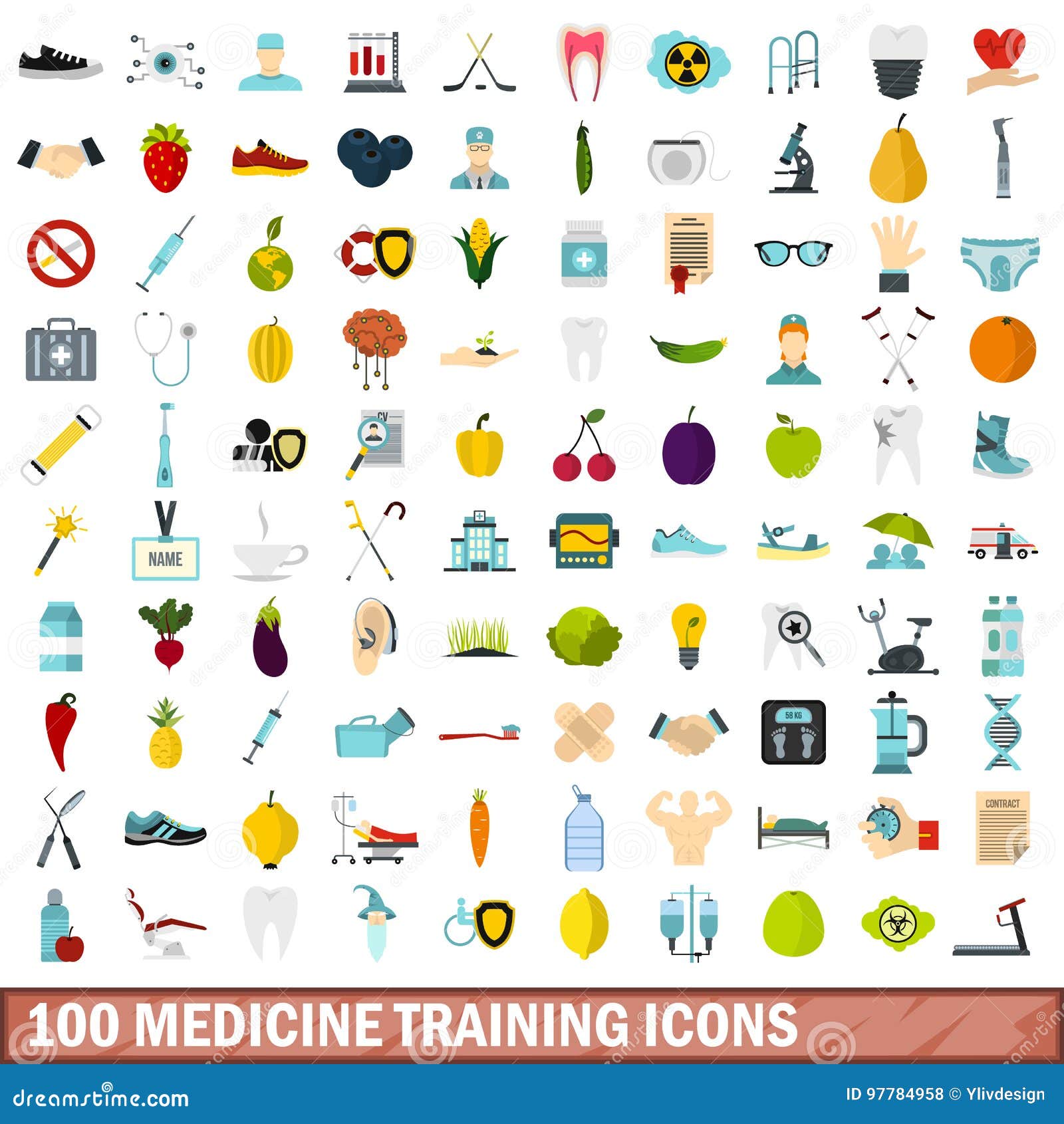 100 Medicine Training Icons Set, Flat Style Stock Vector - Illustration ...