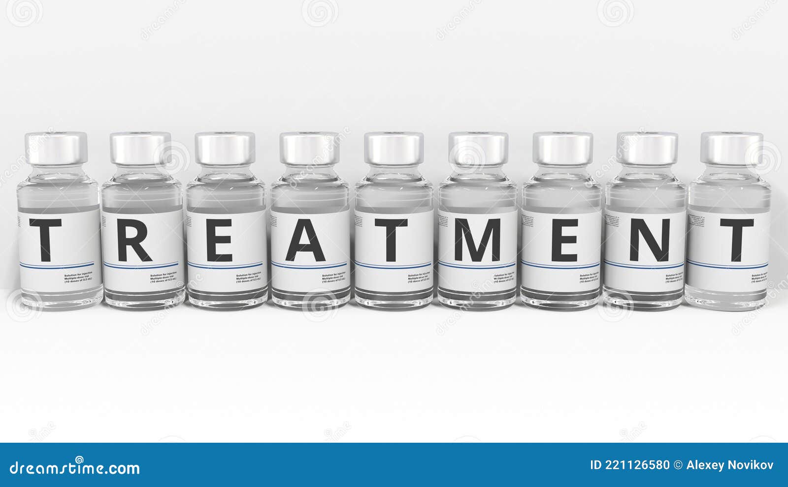TREATMENT Text on the Labels of Medicine Vials. Conceptual 3d Rendering ...