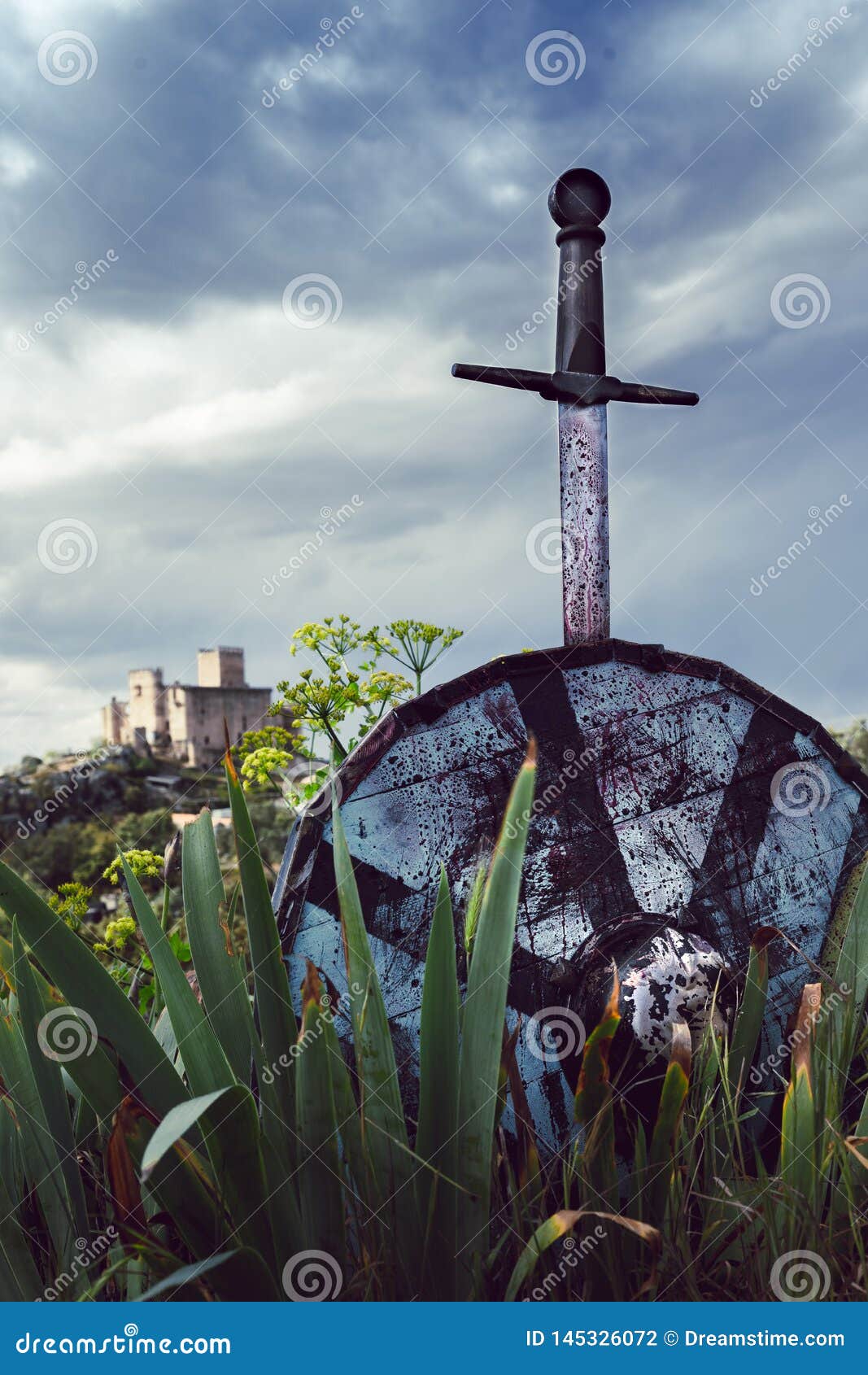 Medieval Age with Castles, Swords, Shields Stock Photo - Image of ...