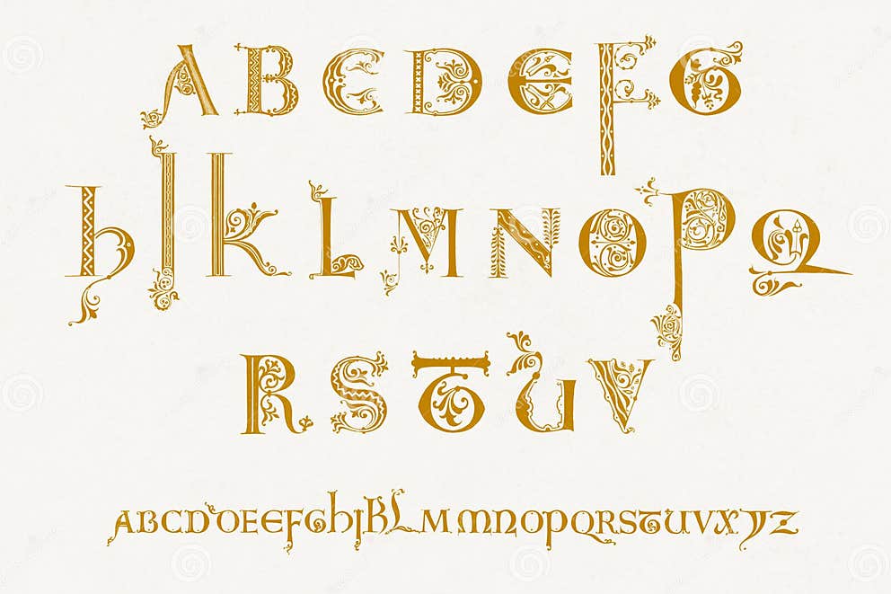 Medieval Alphabet. Decorative Initial Designs Stock Illustration ...