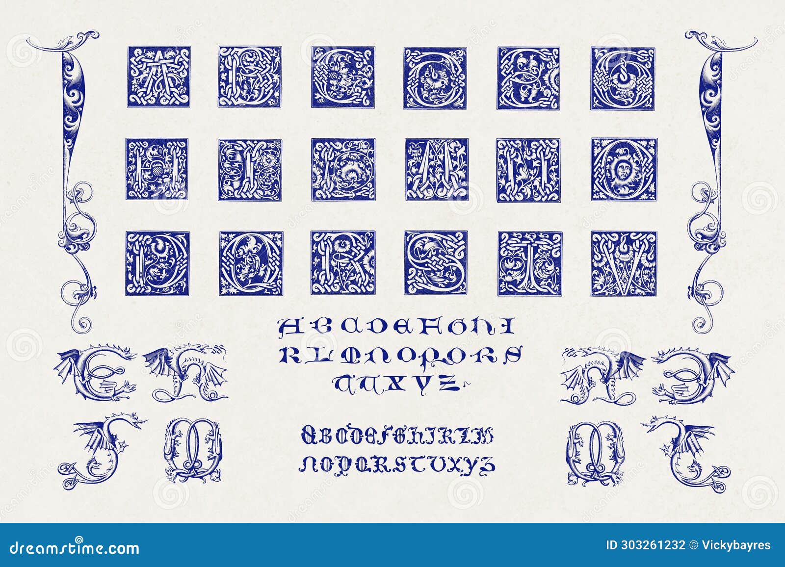 Medieval Alphabet. Decorative Initial Designs Stock Illustration ...