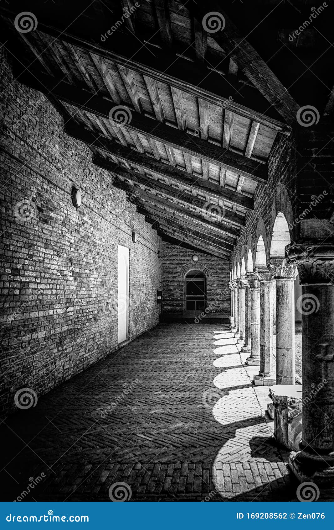 Medieval Arcade with Columns, Black and White Stock Photo - Image of ...