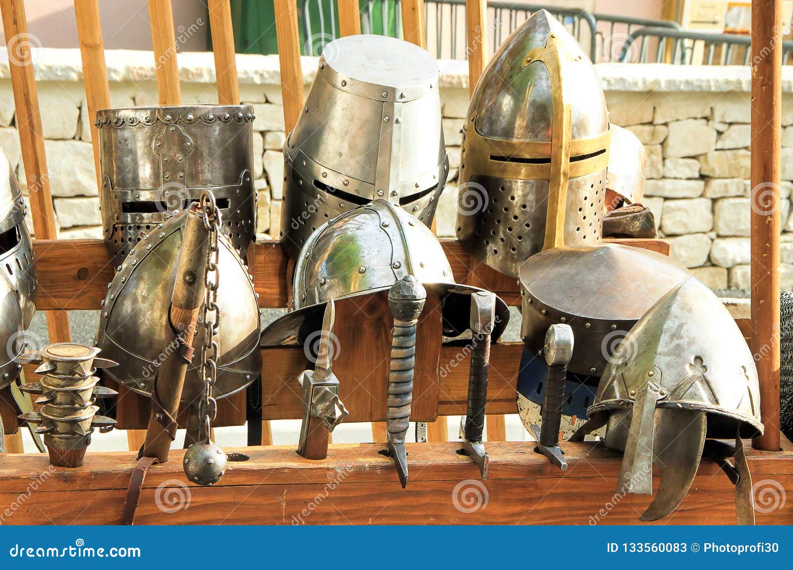 Medieval Armors: Helmets and Swords Stock Image - Image of aggression ...