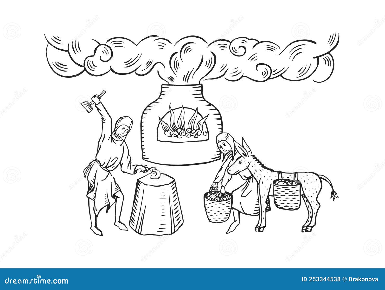 Medieval Art of Smithy Workshop with Fire and Smoke in Forge and ...