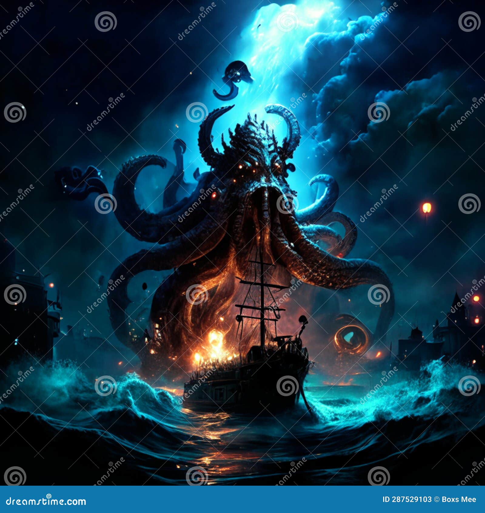 Medieval Battle Scene with Ship and Octopus. 3d Rendering AI Generated ...