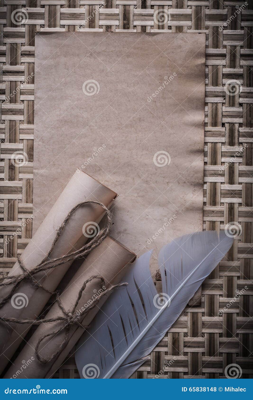 Medieval Blank Sheet Rolled Paper Quill On Wicker Wooden Backgro Stock ...