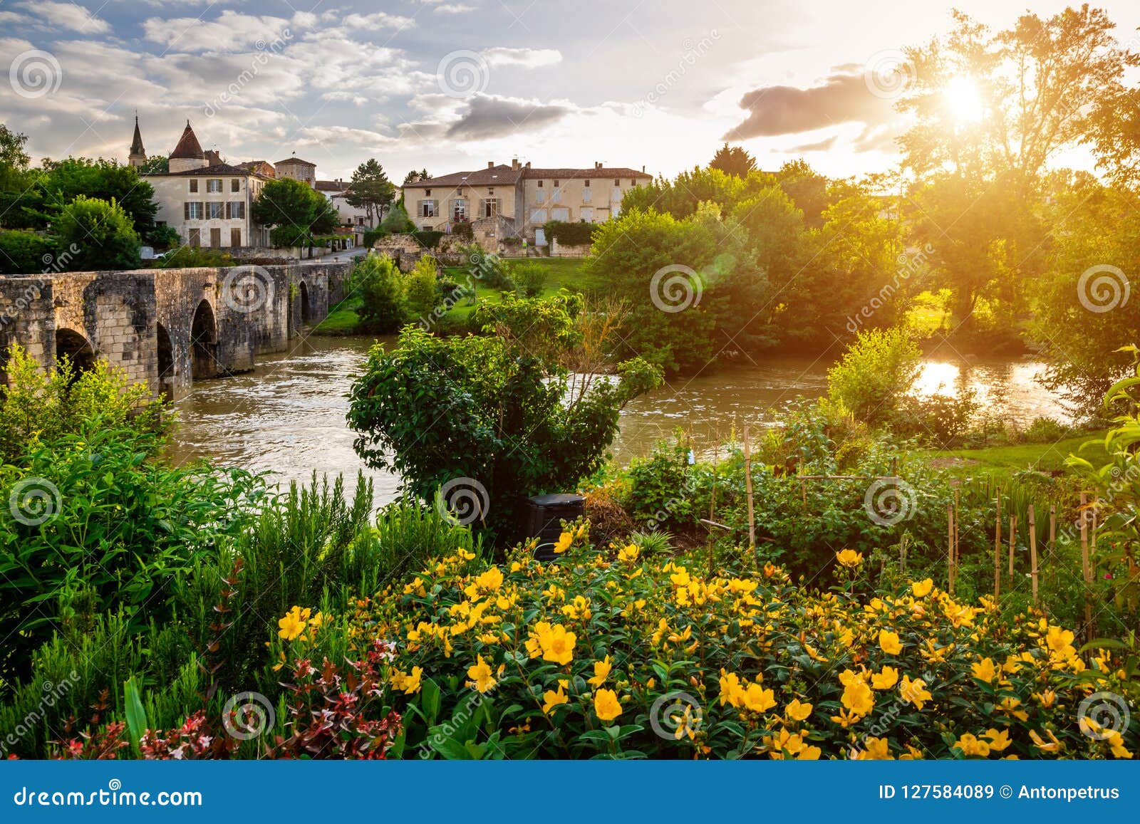 Medieval Bridge and Barbaste Village on Background Stock Image - Image ...
