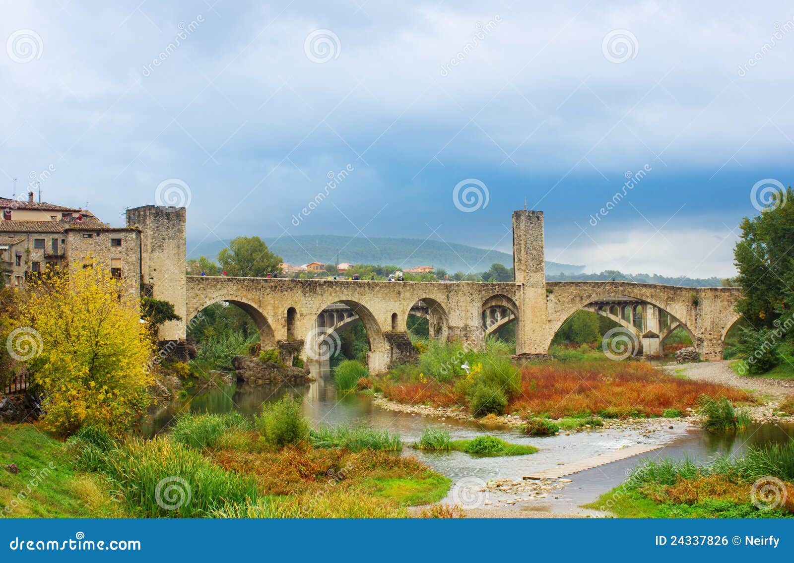 Medieval Bridge of Besalu, Catalonia. Spain Stock Photo - Image of ...