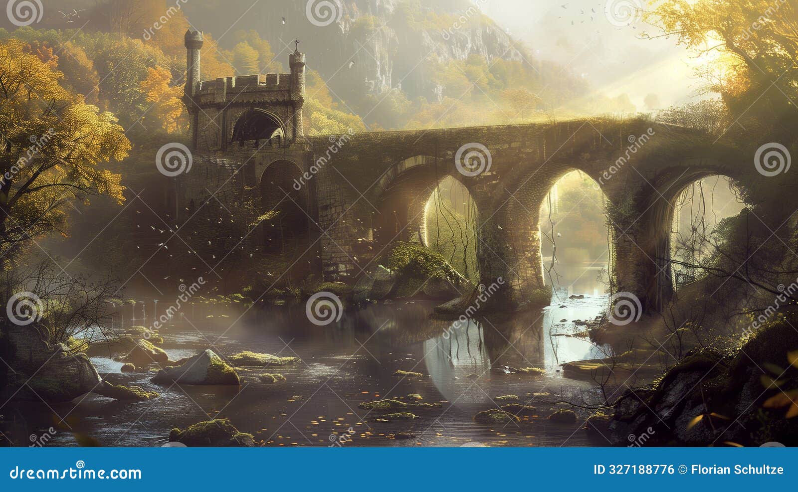 Medieval Bridge Over a Scenic River Stock Illustration - Illustration ...