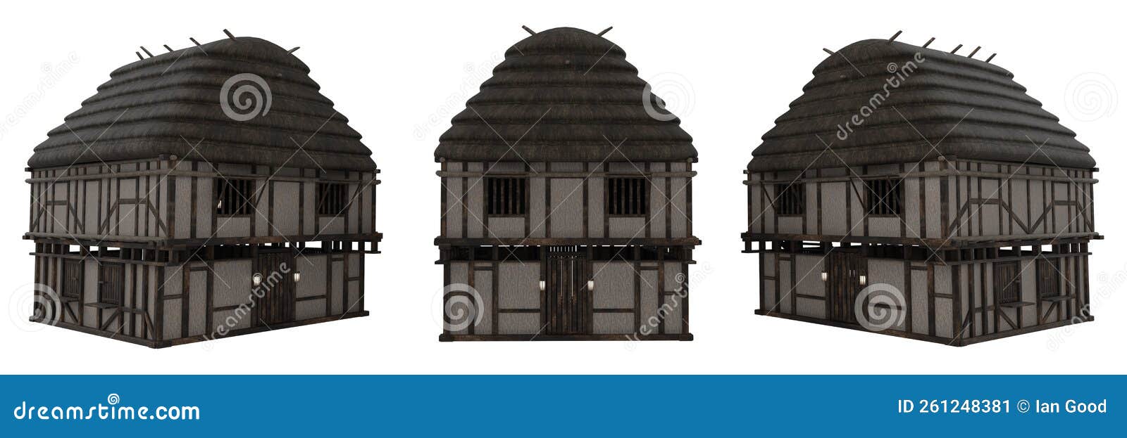 Medieval Buildings Built with Timber Fram and Stone. Isolated 3D ...