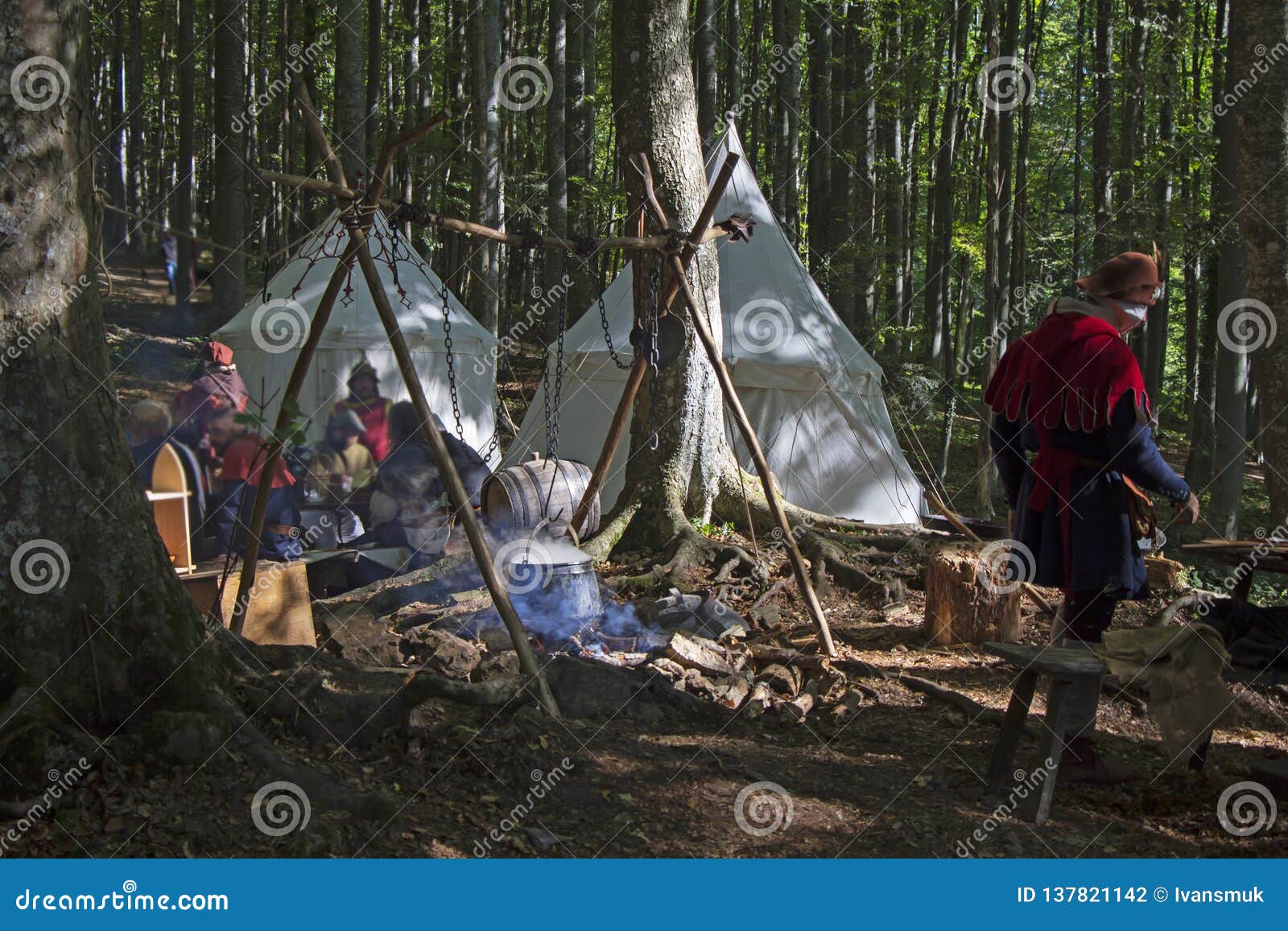 Medieval Camp in the Forest Editorial Photography - Image of costume ...