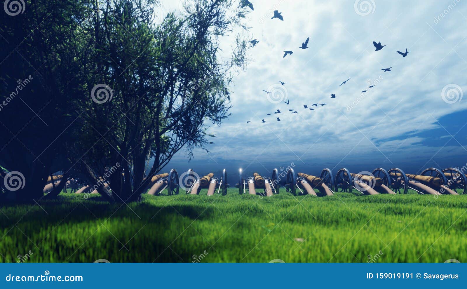 Medieval Cannon in a Field in the Middle of Green Grass at Sunrise ...