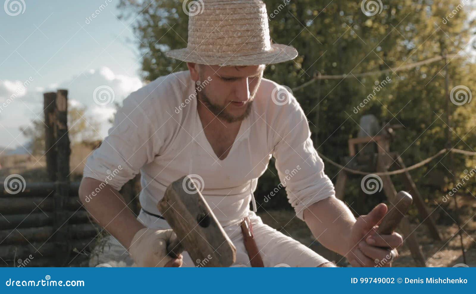 Medieval Carpenter with the Hammer and Chisel Carves from Wood Stock ...