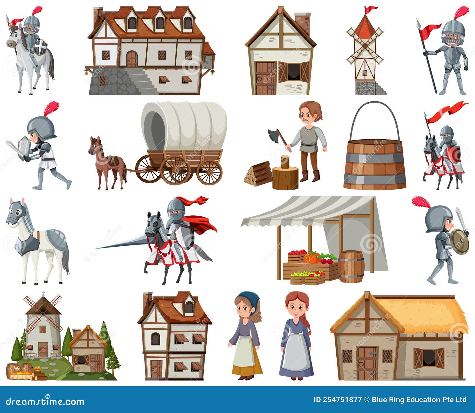Medieval Cartoon Characters and Objects Stock Vector - Illustration of ...