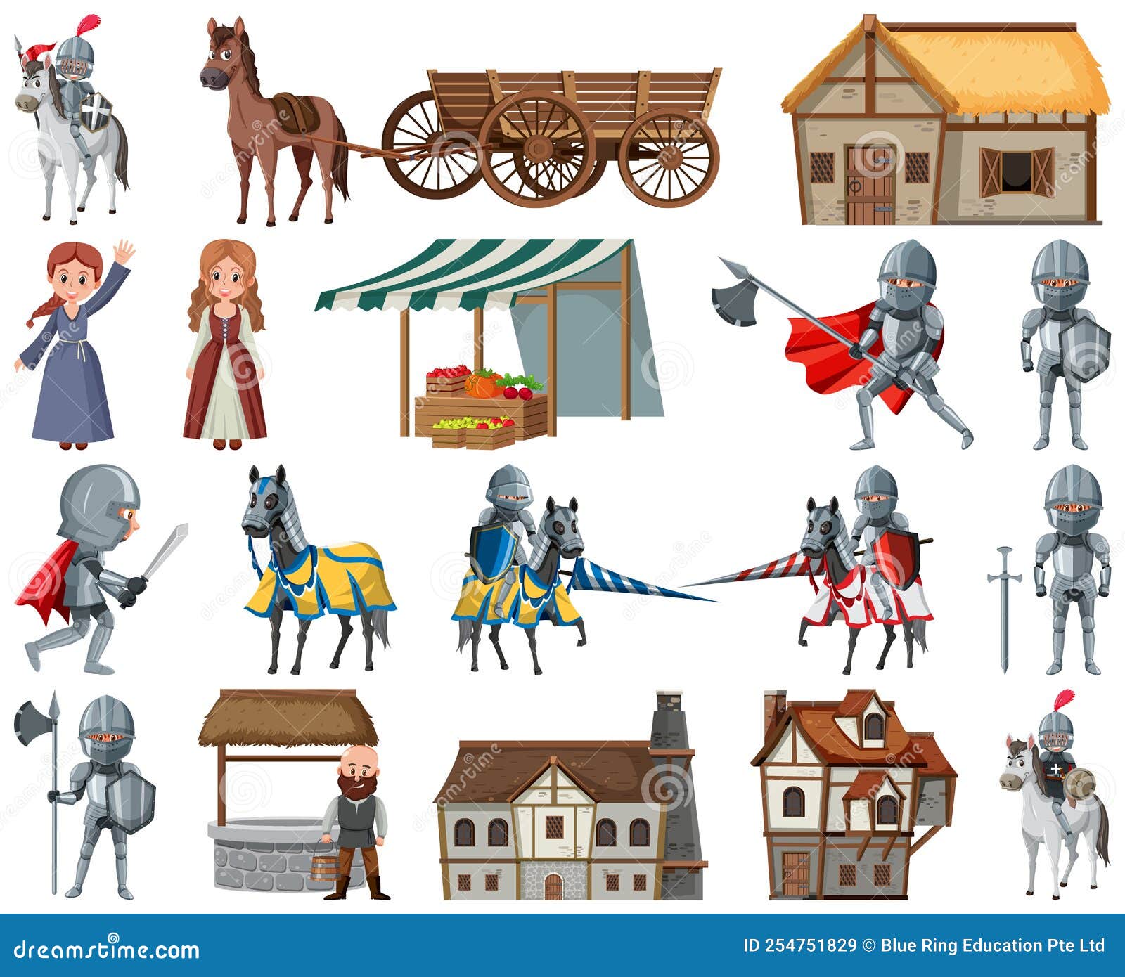 Medieval Cartoon Characters and Objects Stock Vector - Illustration of ...