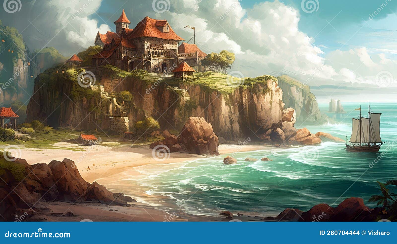 Medieval Castle by the Beach Stock Illustration - Illustration of ...