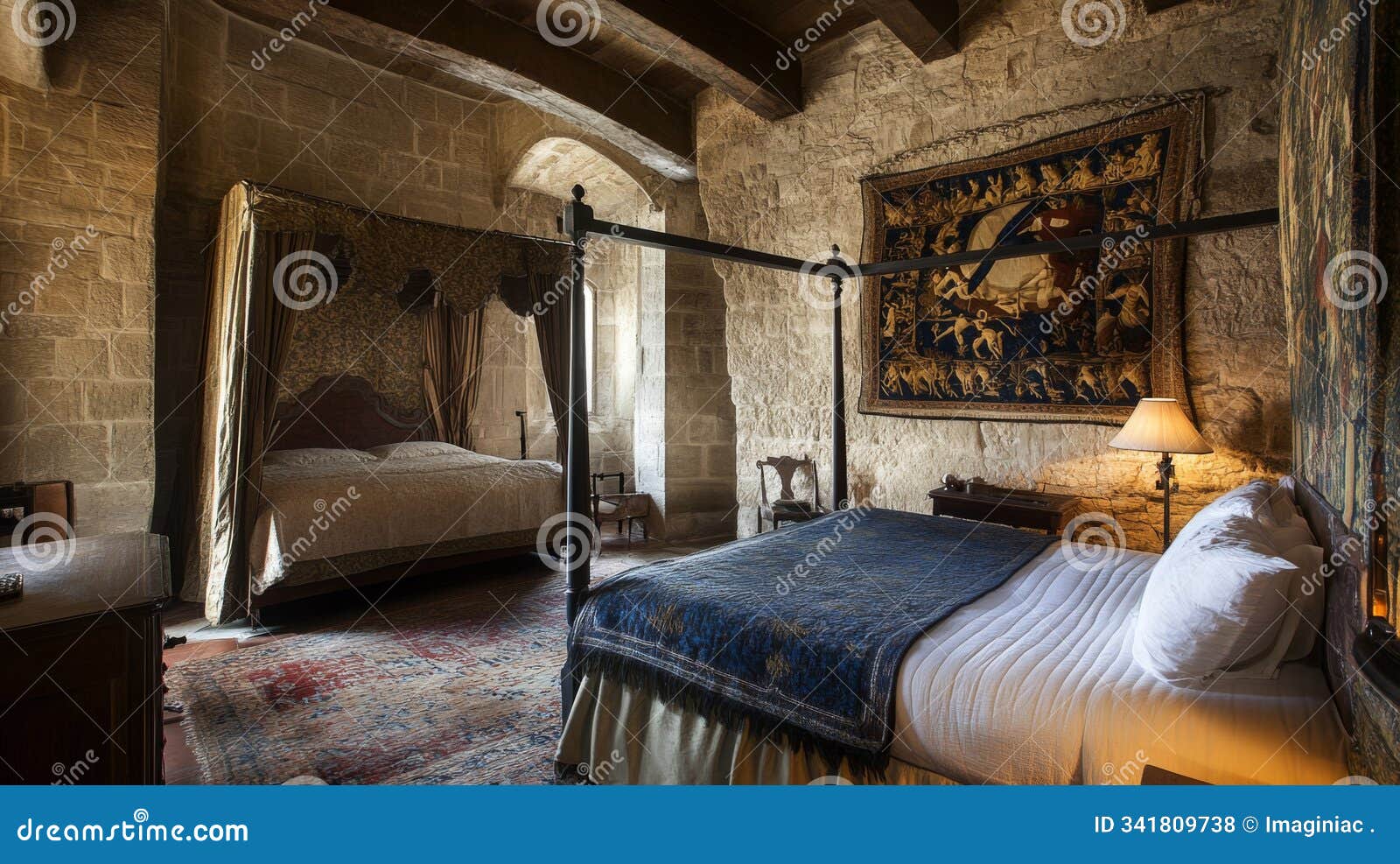 Medieval Castle Bedroom with Tapestries and Canopied Beds Stock ...