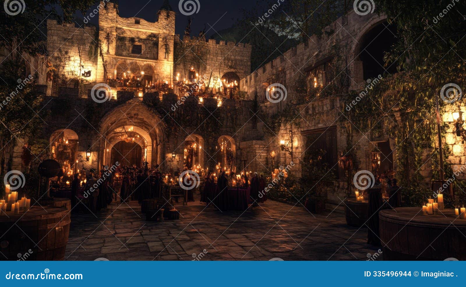 A Medieval Castle Courtyard Lit by Candlelight Stock Illustration ...