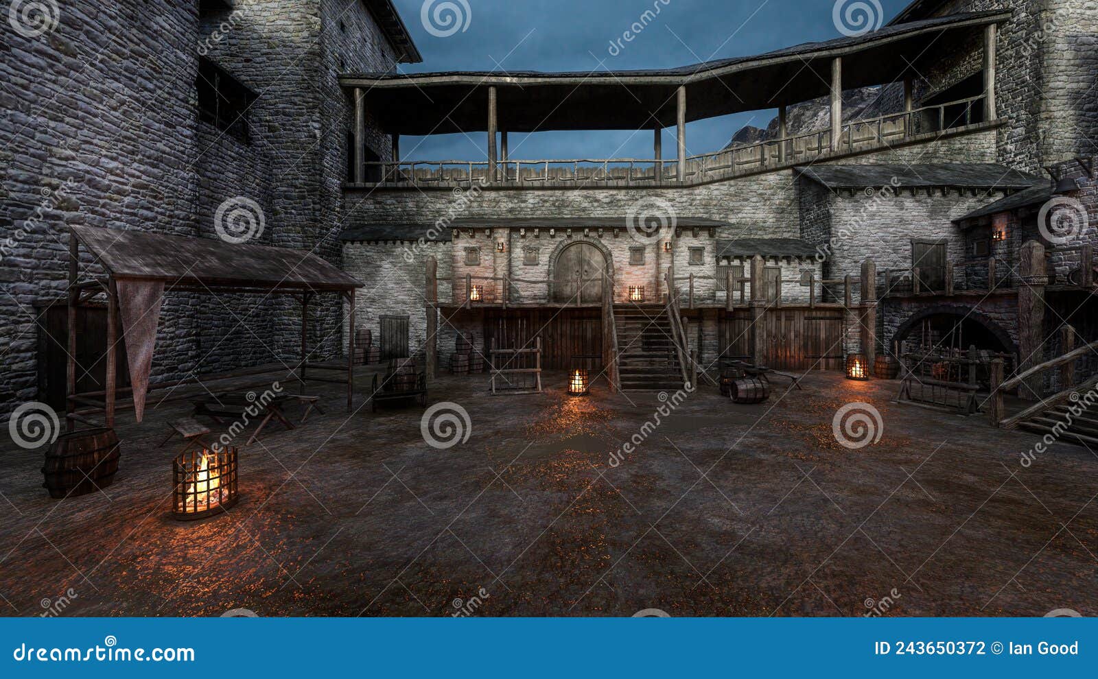 Medieval Castle Courtyard with Wet Muddy Ground and Grey Clouds in the ...