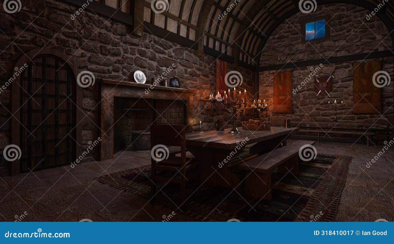 Medieval Castle Dining Hall with Table and Seats by an Open Fireplace ...