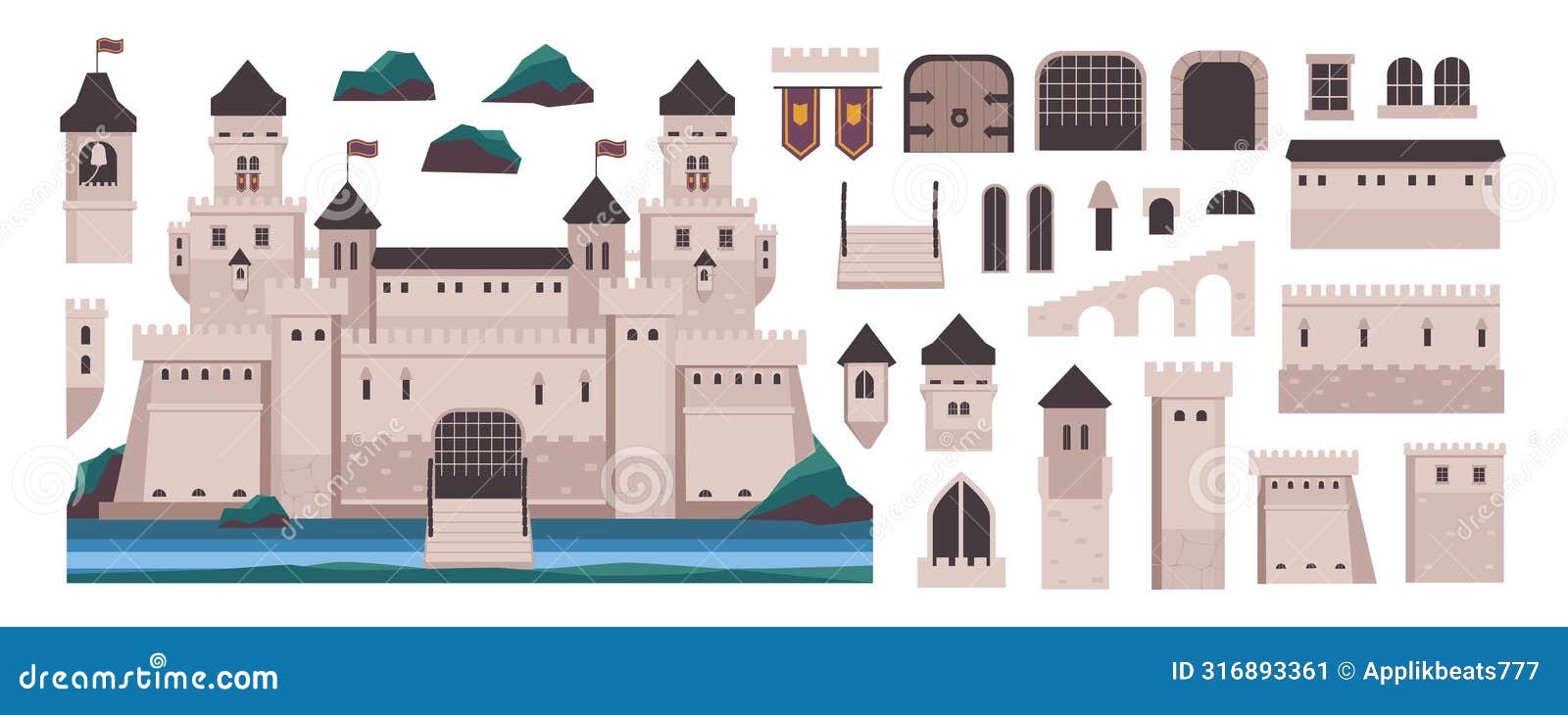 Medieval Castle Elements Constructor Mega Set in Flat Graphic Design ...