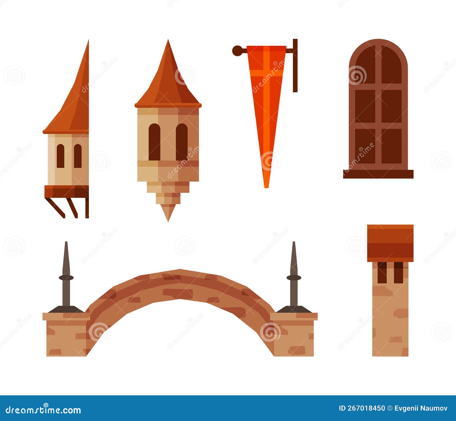 Medieval Castle Elements with Pennant, Window, Tower and Bridge Vector ...