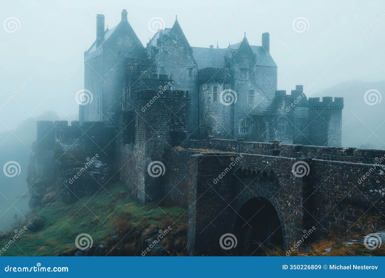 Medieval Castle Emerging from Fog at Sunset Stock Image - Image of ...