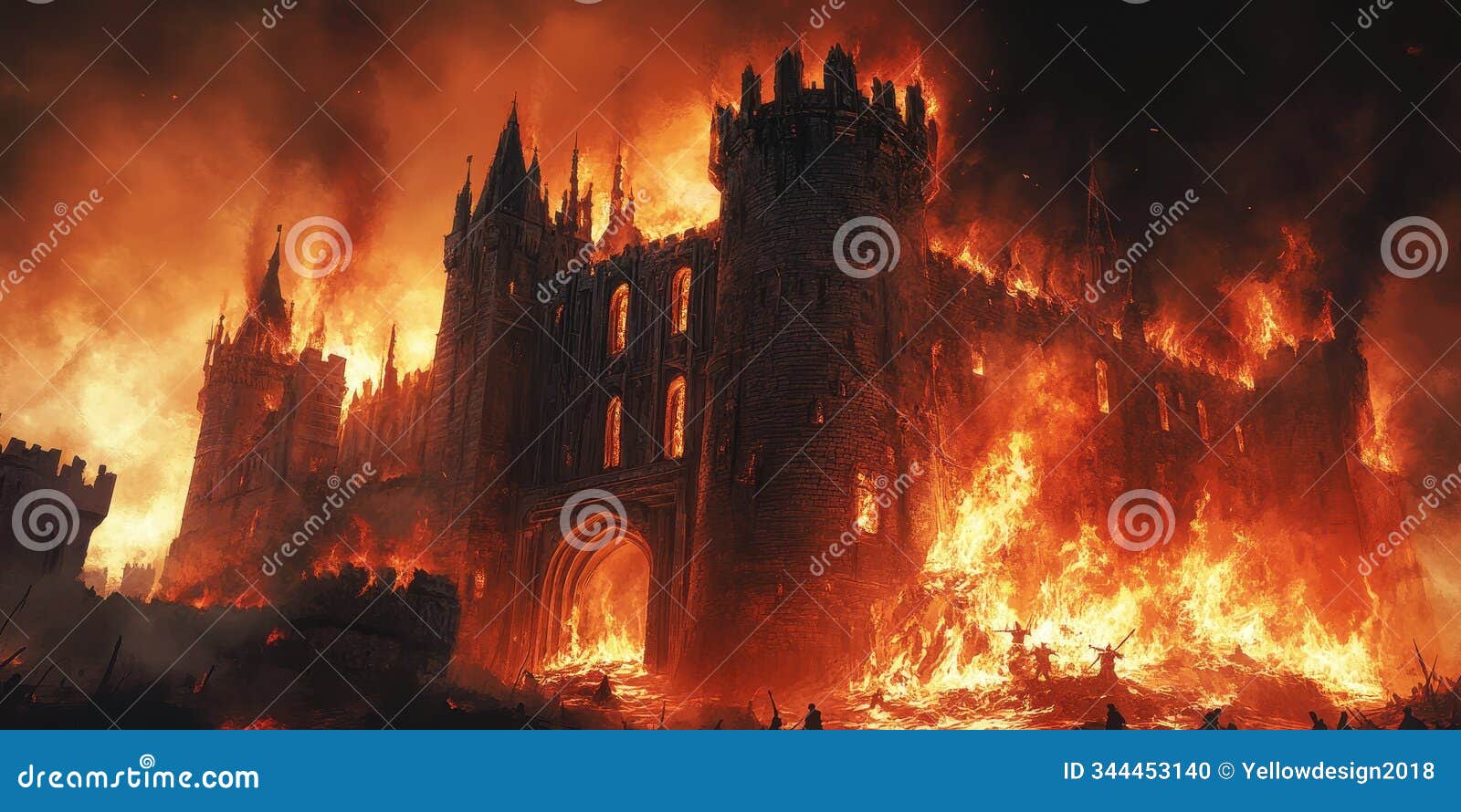 Medieval Castle Engulfed in Flames during a Dramatic Night Fire Scene ...
