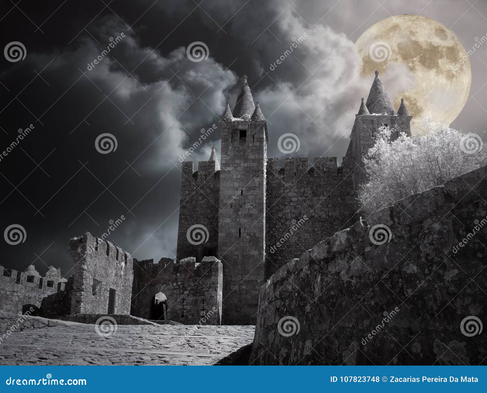 Medieval Castle in a Full Moon Night Stock Photo - Image of dark, blue ...