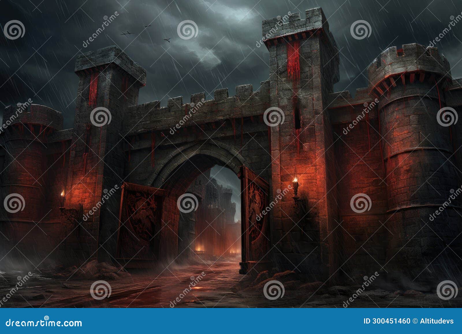 A Medieval Castle Gate with Red Storm Clouds Looming Behind Stock Photo ...