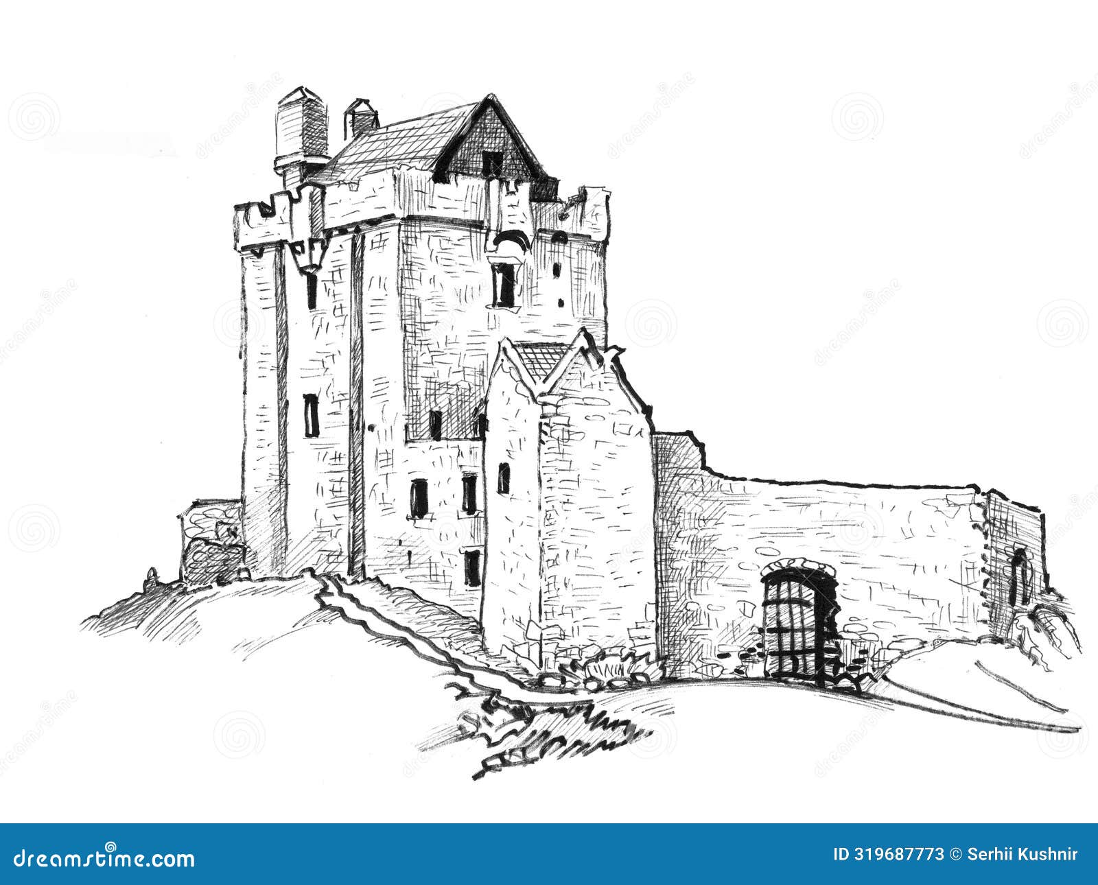 Medieval Castle. Hand Drawing Sketch Stock Illustration - Illustration ...