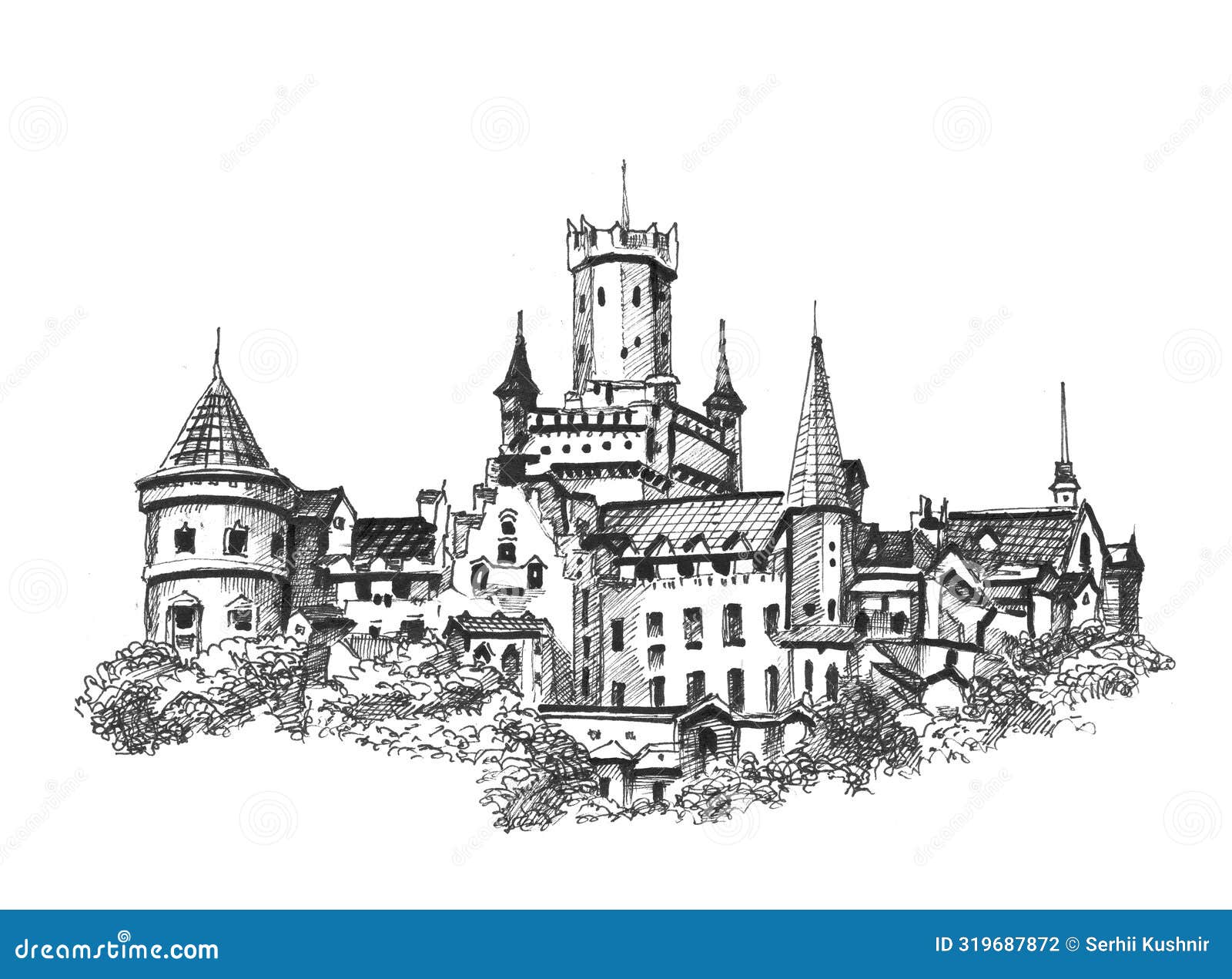 Medieval Castle. Hand Drawing Sketch Stock Illustration - Illustration ...