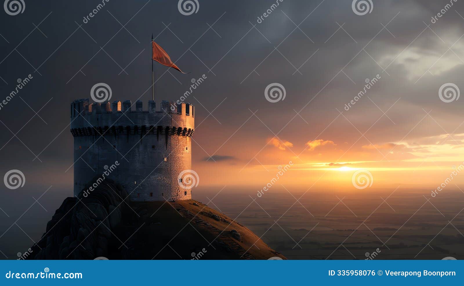 A Medieval Castle on a Hilltop, Banners Flying in the Wind Stock ...