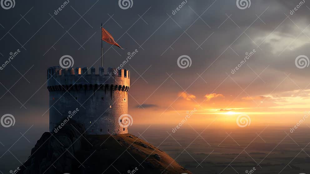 A Medieval Castle on a Hilltop, Banners Flying in the Wind Stock ...