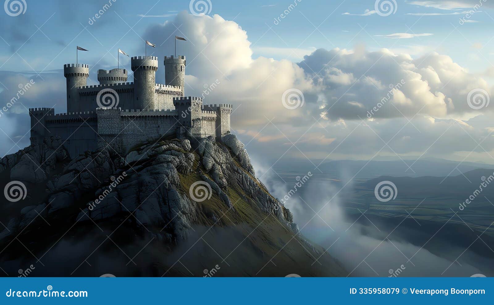 A Medieval Castle on a Hilltop, Banners Flying in the Wind Stock ...