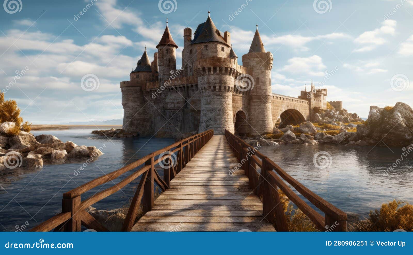 Medieval Castle on the Island and a Bridge Leading. Generative AI ...