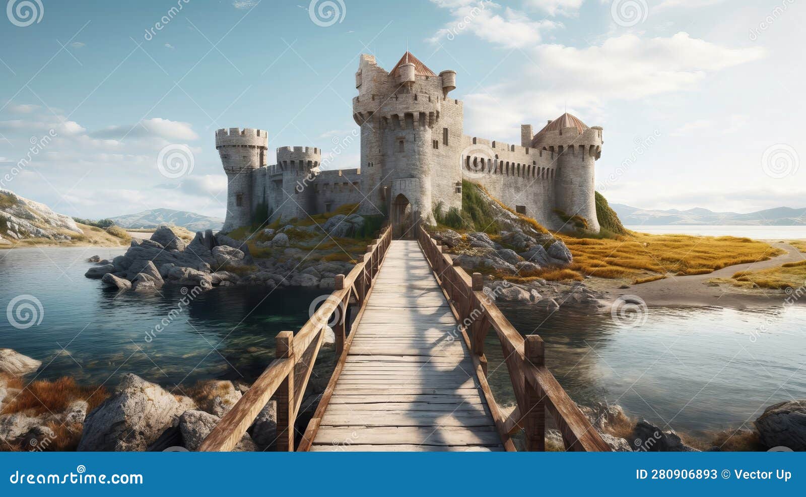 Medieval Castle on the Island and a Bridge Leading. Generative AI ...