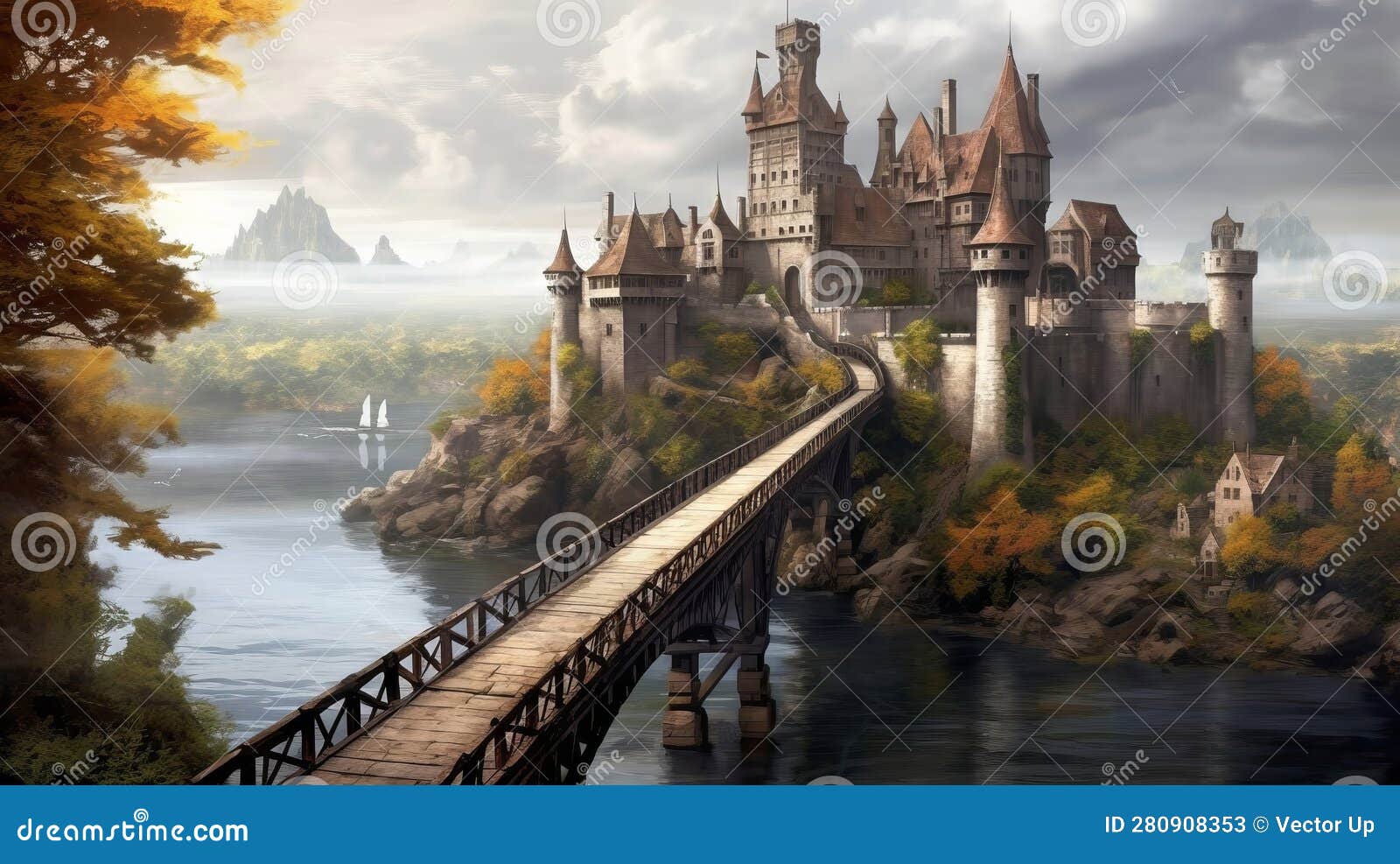Medieval Castle on the Island and a Bridge Leading. Generative AI ...