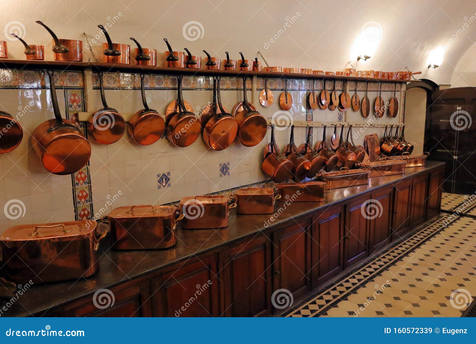 Medieval Castle Kitchen with Old Copperware. Stock Image - Image of ...