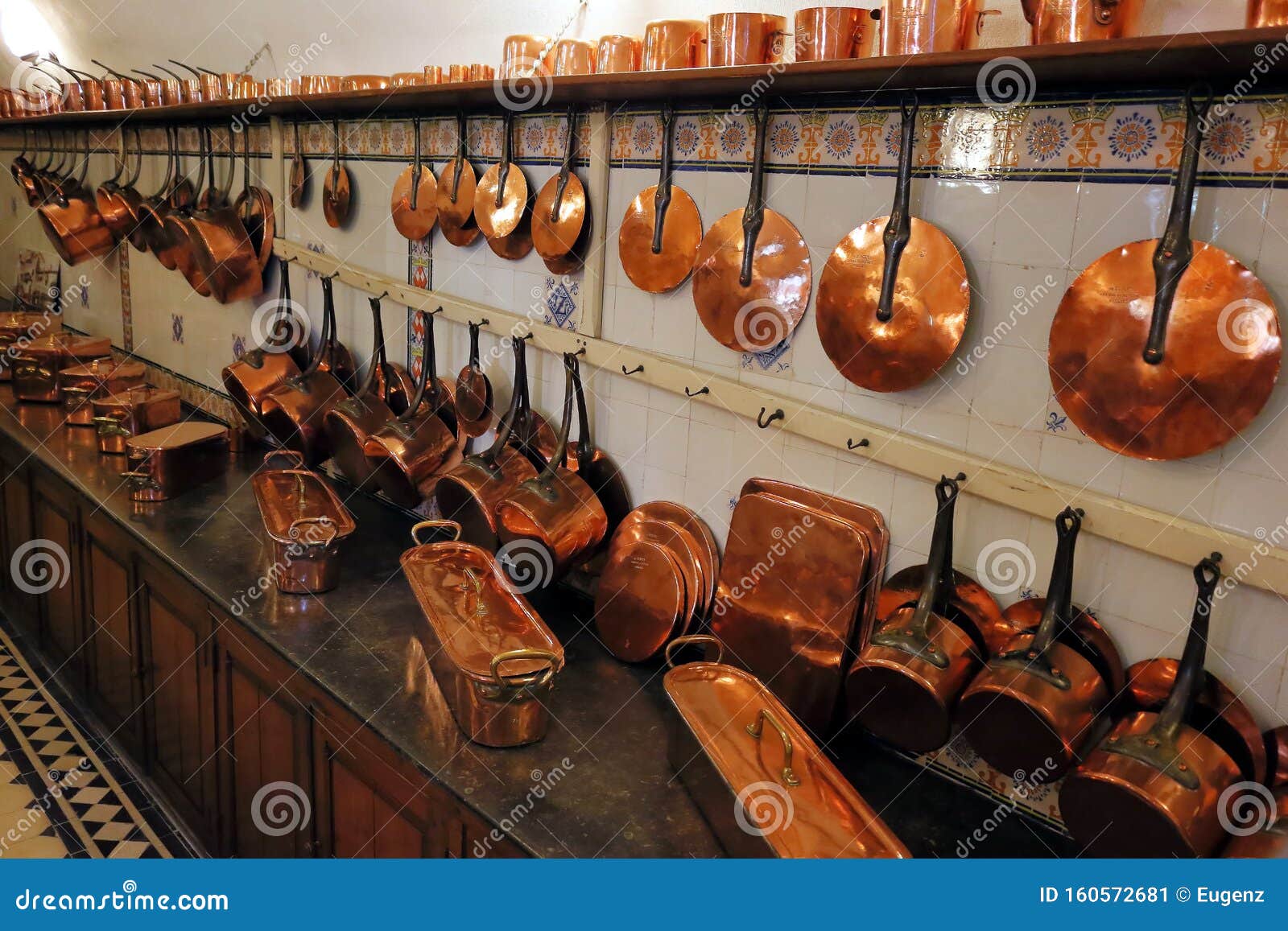 Medieval Castle Kitchen with Old Copperware. Stock Image - Image of ...