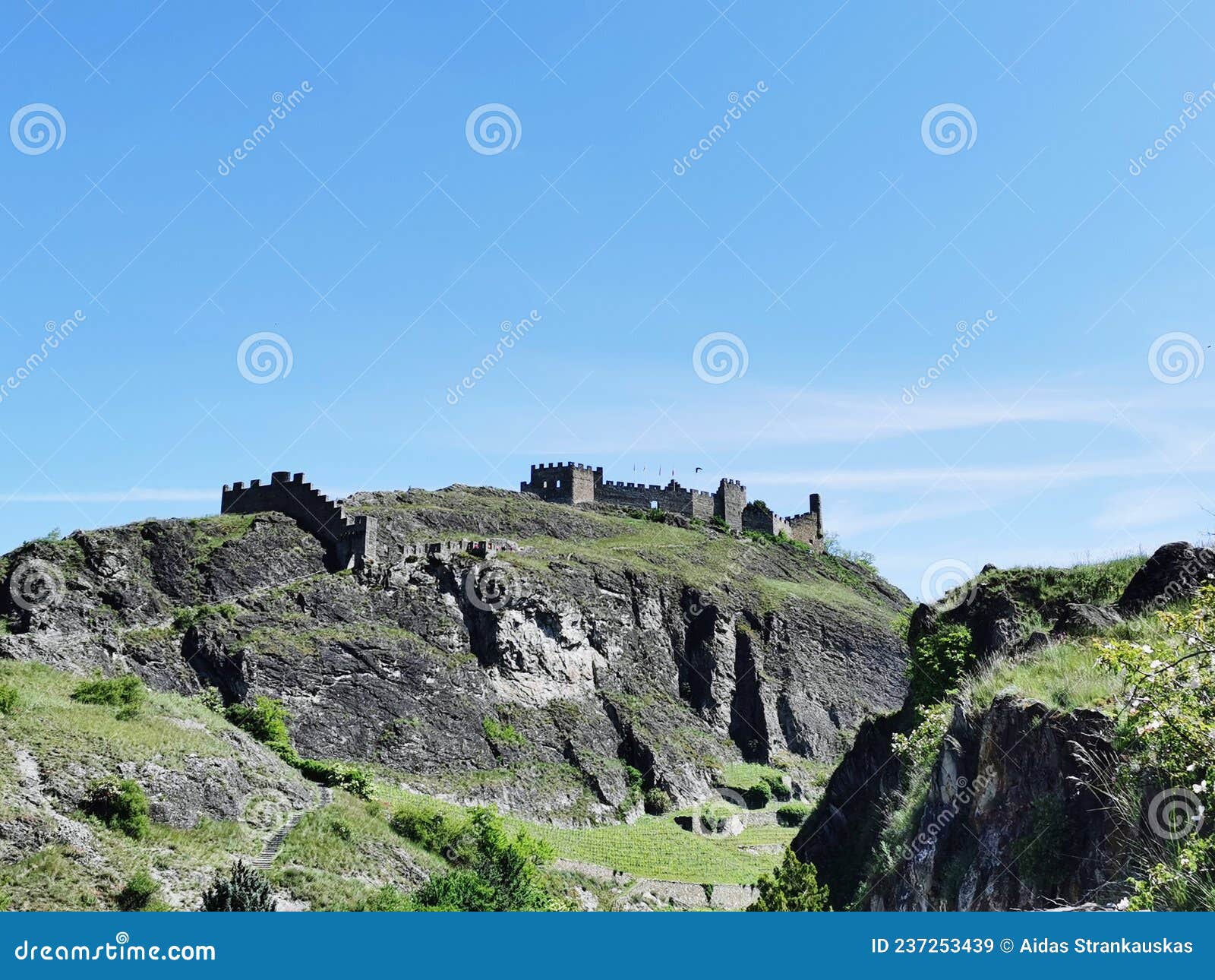 Medieval Castle on a Mountain Against Blue Sky Stock Image - Image of ...