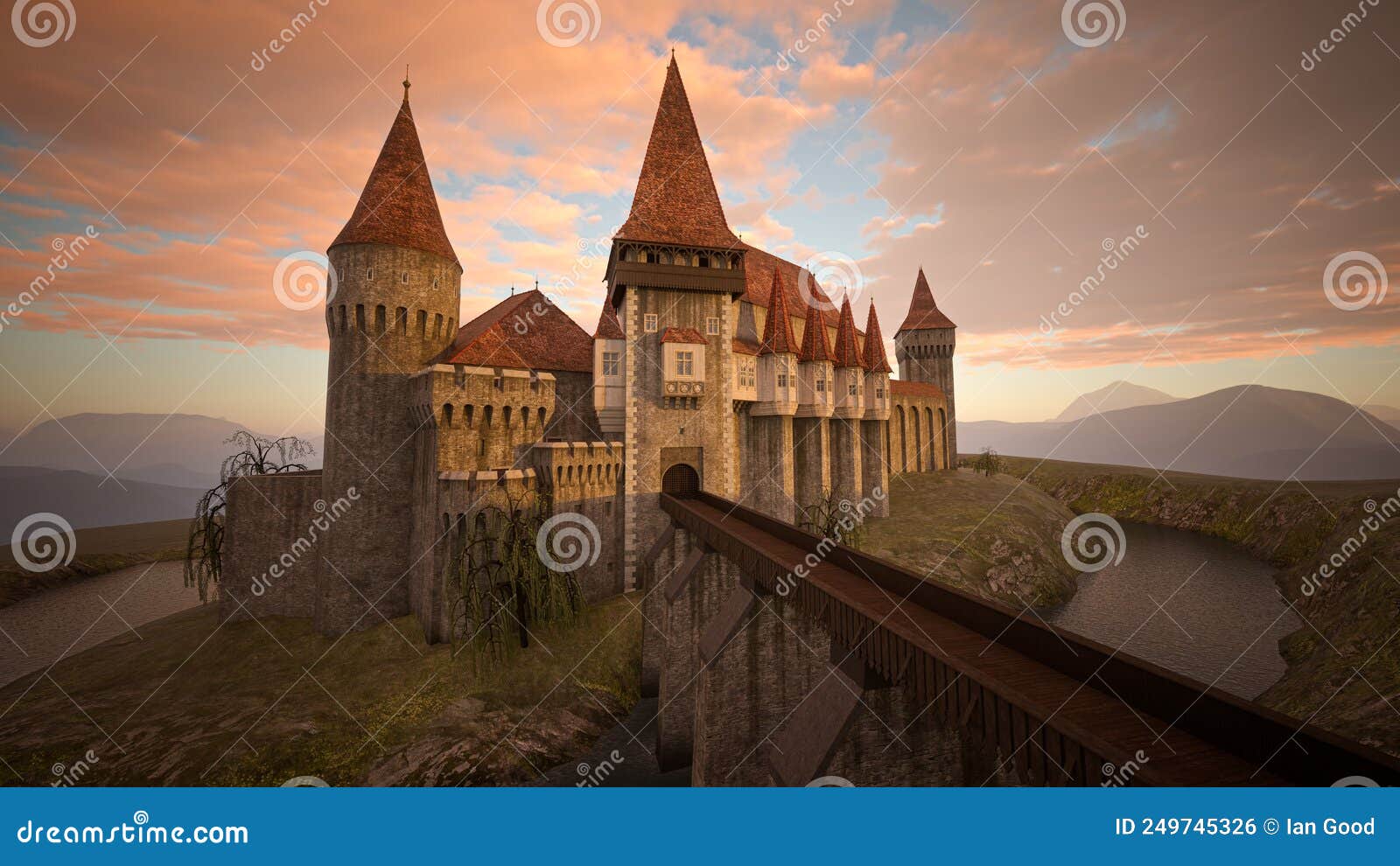 Medieval Castle in Remote Landscape with Bridge Over a Moat. 3D ...