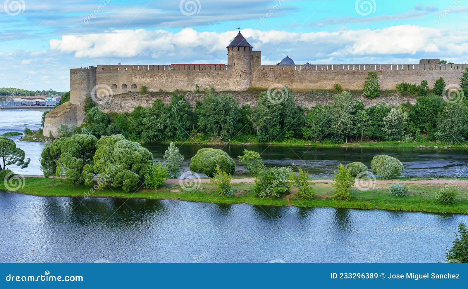Medieval Castle by the River with a Great Defensive Wall and Stone ...