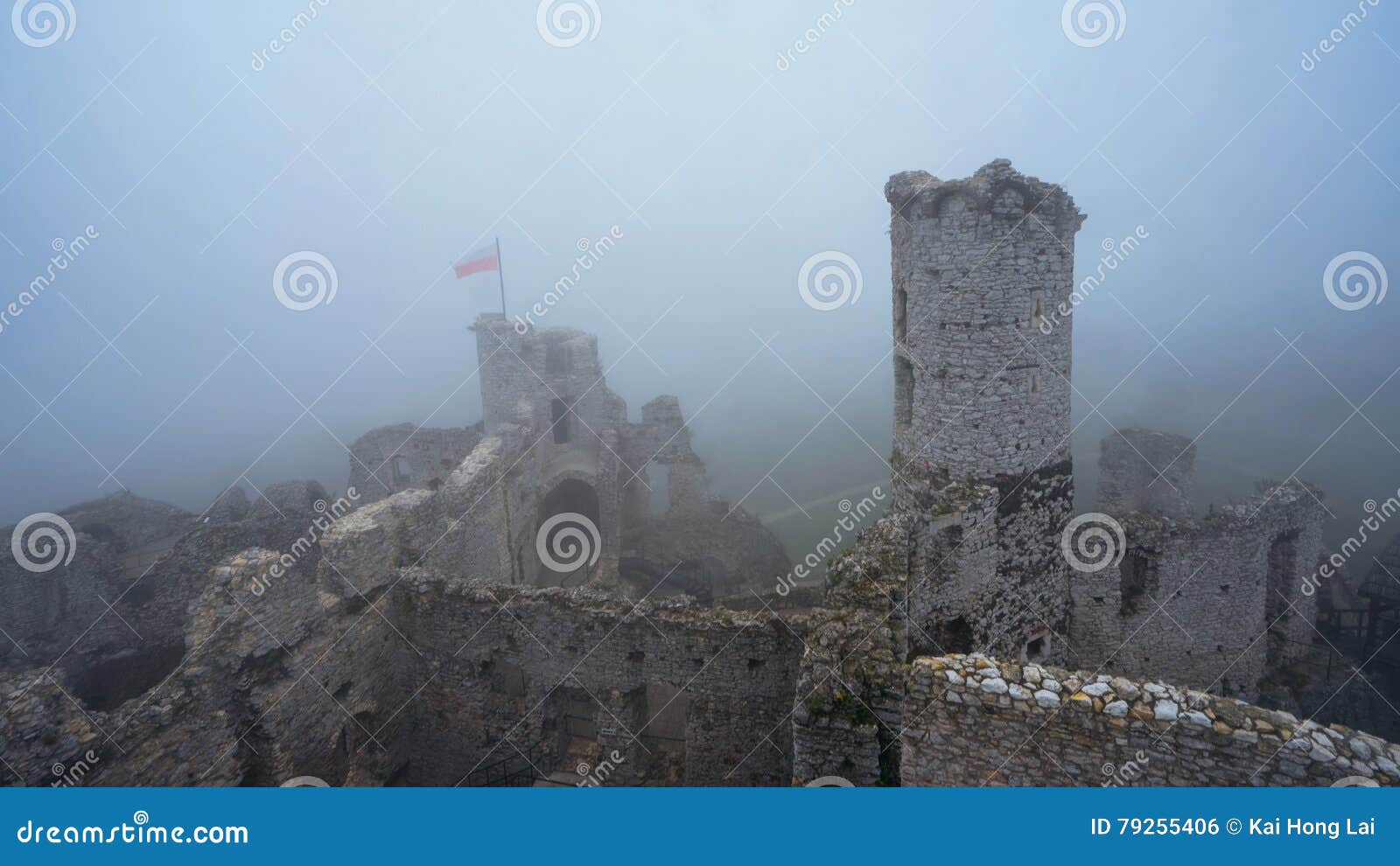 Medieval Castle Ruin in Heavy Fog View from High Point Stock Photo ...
