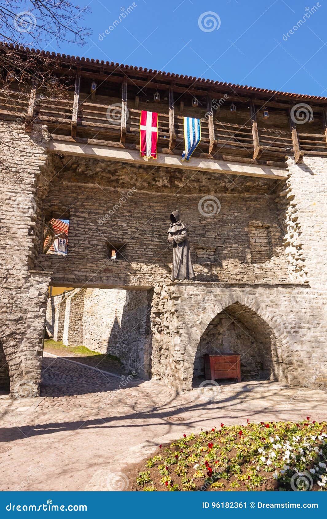Medieval Castle with Statue and Pennants Stock Image - Image of pennant ...