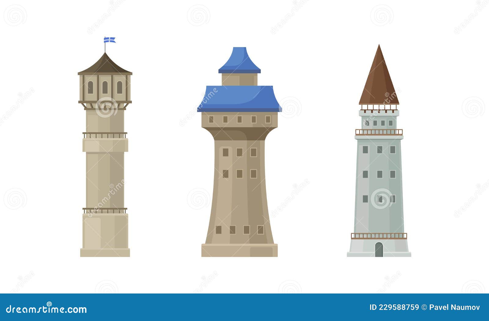 Medieval Castle Tall Tower or Turret Made of Stone Vector Set Stock ...
